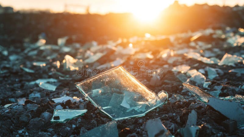 A Large Piece of Shattered Glass in a Field of Debris at Sunset Stock ...