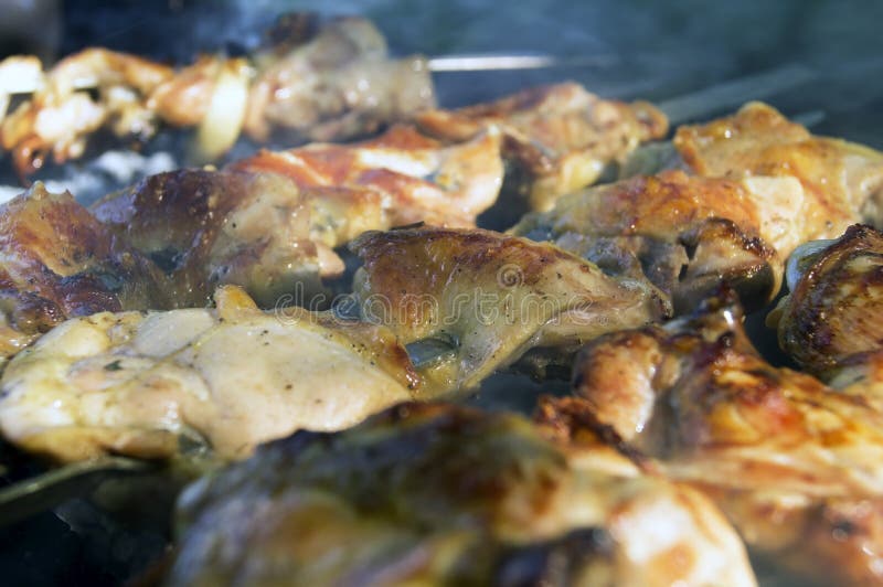 Large Pieces of Chicken Meat in a Smoke on the Grill Stock Image ...