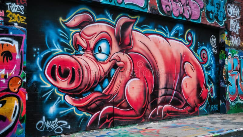 A Large Pig Painted on a Wall with Graffiti, AI Stock Photo - Image of ...