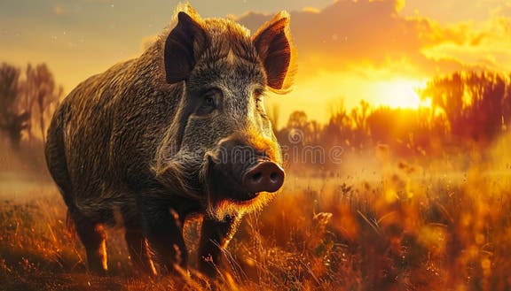 A Large Pig Standing in a Field at Sunset Stock Photo - Image of sunset ...