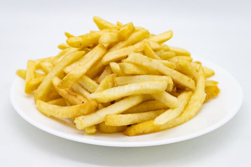 Large Pile of Basic French Fries on a White Plate Stock Image - Image ...