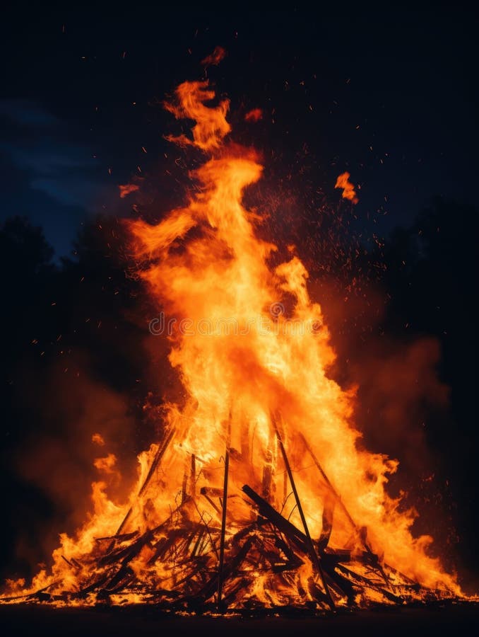 A Large Pile of Burning Wood with a Large Flame on Top Stock Image ...
