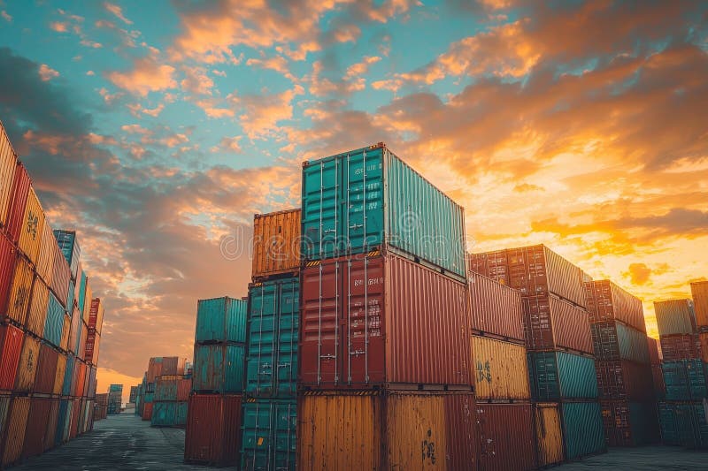 A Large Pile of Containers with a Sunset in the Background, Order and ...