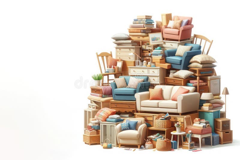 A Large Pile of Different Furniture and Things. Space for Text. Stock ...