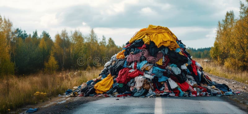 Large Pile of Discarded Clothes on Roadside Surrounded by Nature Stock ...