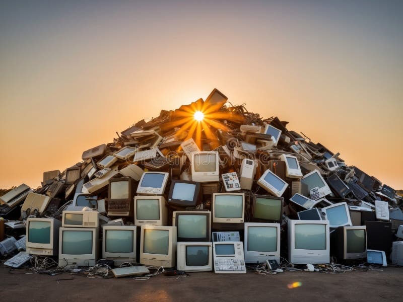 Large Pile of Discarded Electronics is Illuminated by the Setting Sun ...