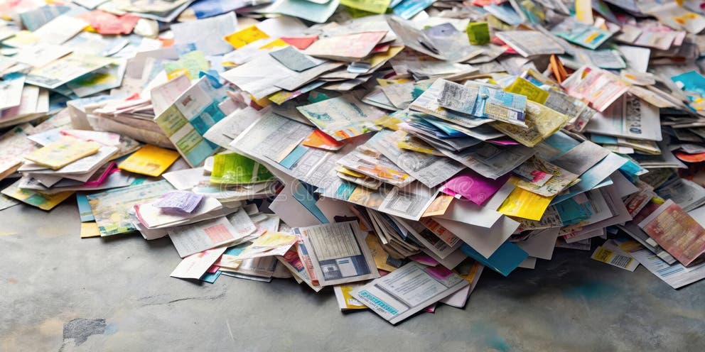 A Large Pile of Discarded Printed Materials on a Gray Surface, Showing ...