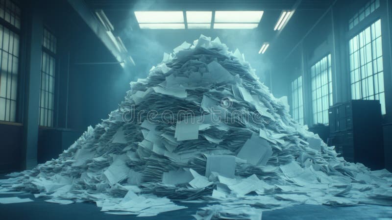 Large Pile of Documents in a Blue Lit Office Room Stock Illustration ...