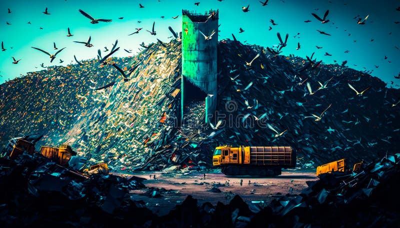 Large Pile of Garbage with Birds Flying Around it Generative AI. Stock ...