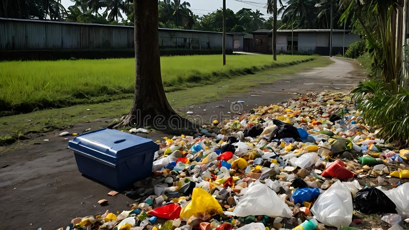 Garbage on Roadside with Blue Container Stock Photo - Image of outside ...