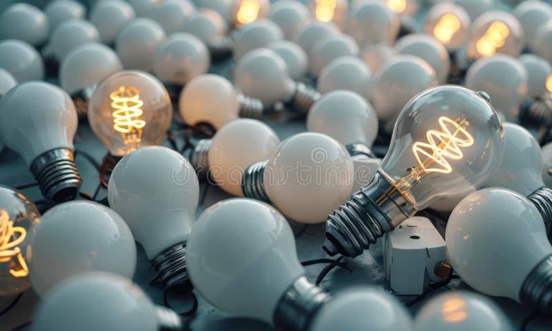 A Large Pile of Light Bulbs is Shown, with Some of Them Lit Up. the ...