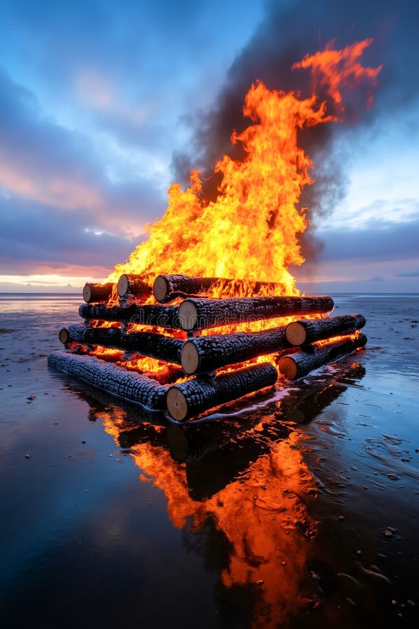 A Large Pile of Logs on Fire on the Beach at Sunset Stock Photo - Image ...