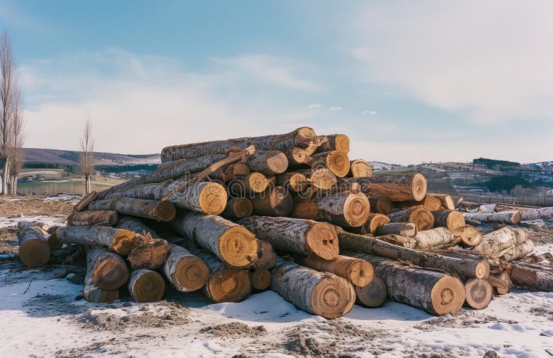 A Large Pile of Logs Stacked in the Forest, Deforestation and Logging ...