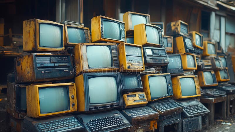 A Large Pile of Old, Dusty Computer Monitors and Keyboards Stacked ...