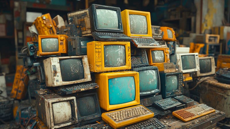A Large Pile of Old, Dusty Computer Monitors and Keyboards Stacked ...