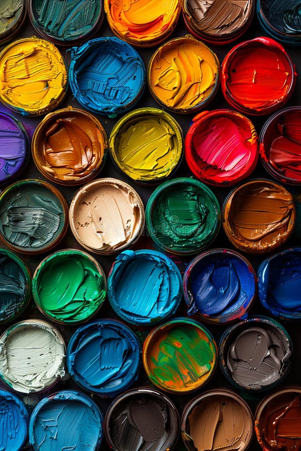 A Large Pile of Paint Cans with Different Colors Stock Photo - Image of ...