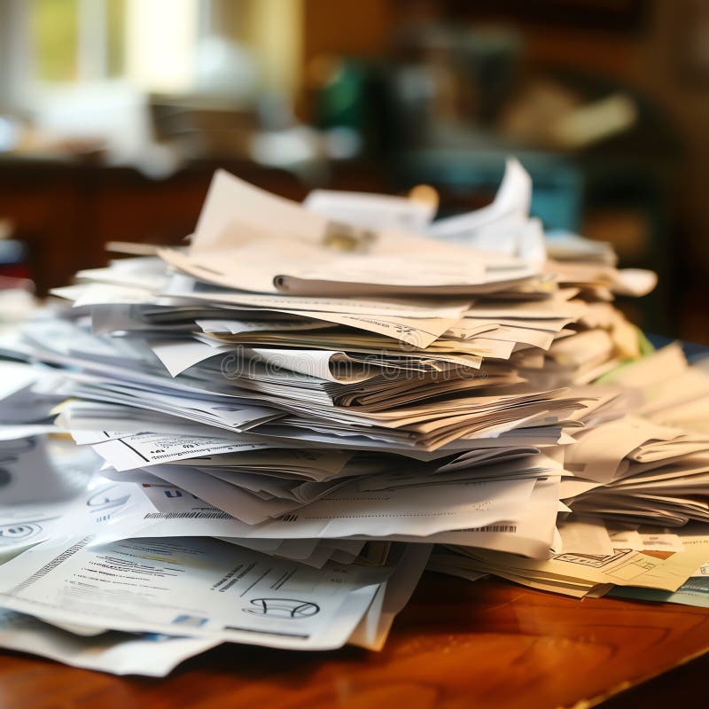 A Large Pile of Papers and Documents Stacked Messily on a Table ...