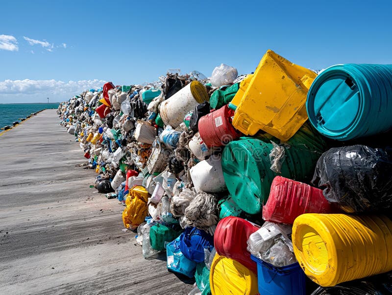 A Large Pile of Plastic Trash Sitting on Top of a Pier Stock Image ...