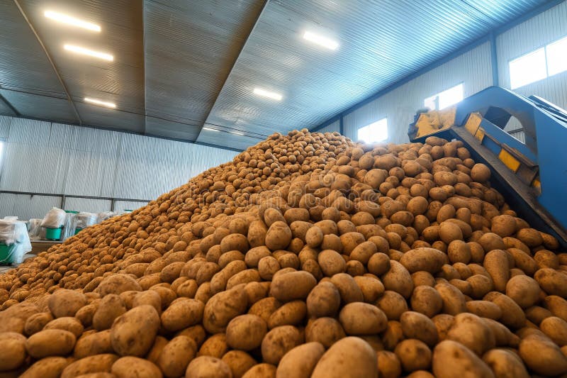 Large Pile of Potatoes is Being Processed Inside a Storage Facility ...