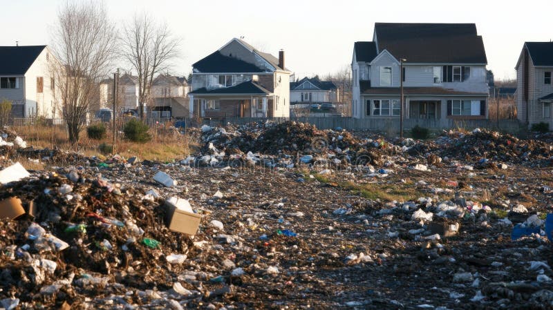 A Large Pile of Trash in Front of Suburban Homes Stock Illustration ...