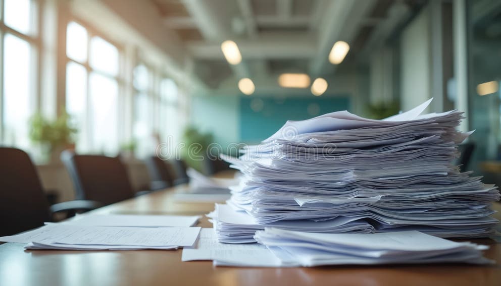 Large Piles of Office Paperwork on Table in Modern Office Interior ...