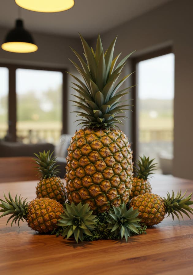 Large Pineapple Centerpiece with Smaller Pineapples on Wooden Table ...