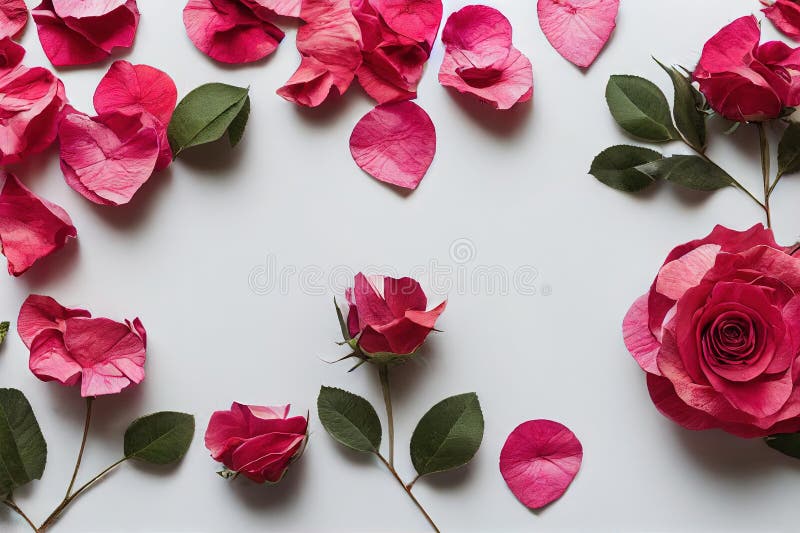 Large Pink Rose Petals with Buds and Stems on White Background. Stock ...