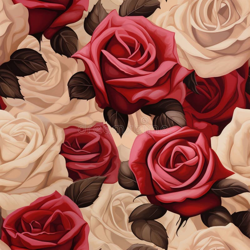 Pink Roses are Painted on Tan Wallpaper in the Style of Seamless ...