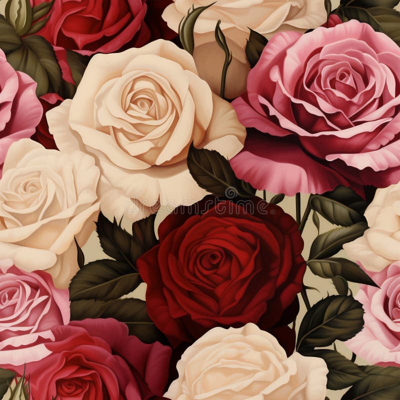 Pink Roses are Painted on Tan Wallpaper in the Style of Seamless ...