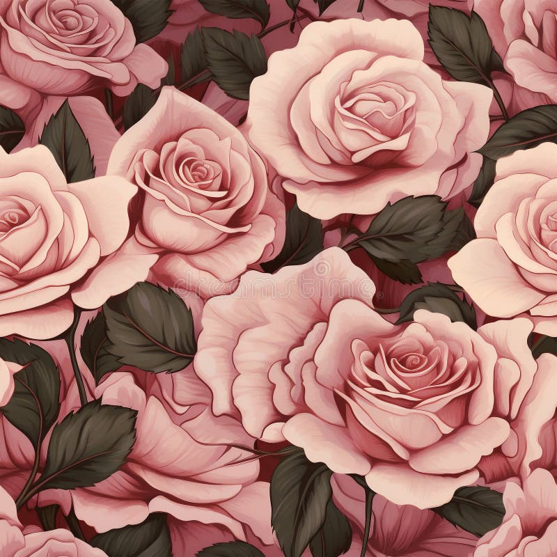 Pink Roses are Painted on Tan Wallpaper in the Style of Seamless ...