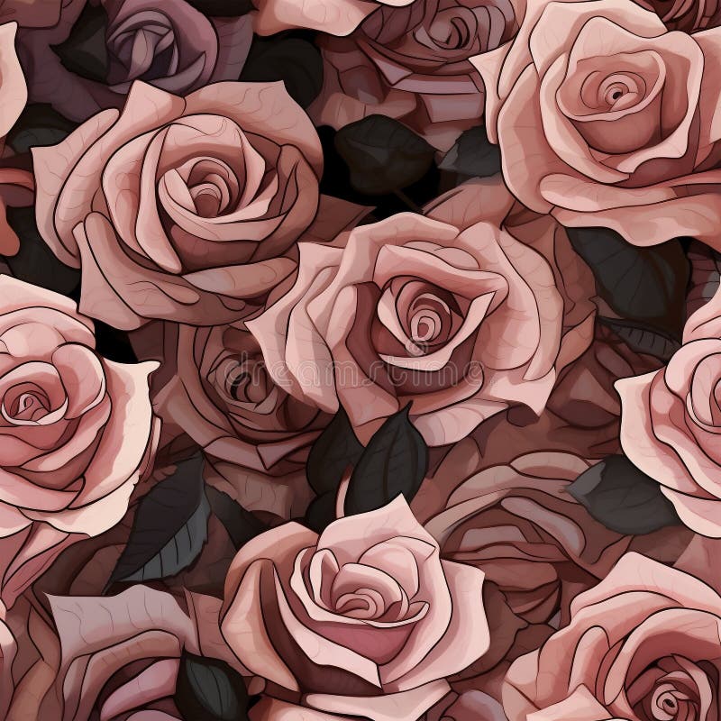 Pink Roses are Painted on Tan Wallpaper in the Style of Seamless ...