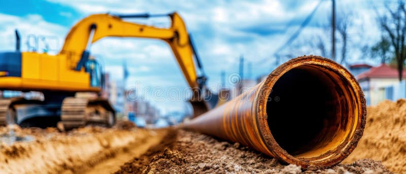 Large Pipe at Construction Site with Excavators Stock Illustration ...