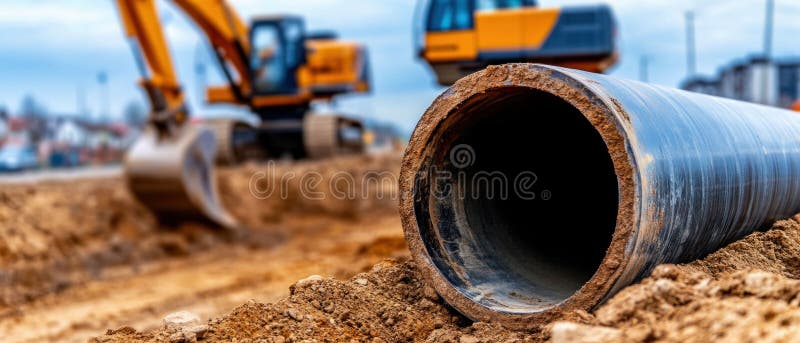 Large Pipe at Construction Site with Excavators Stock Illustration ...