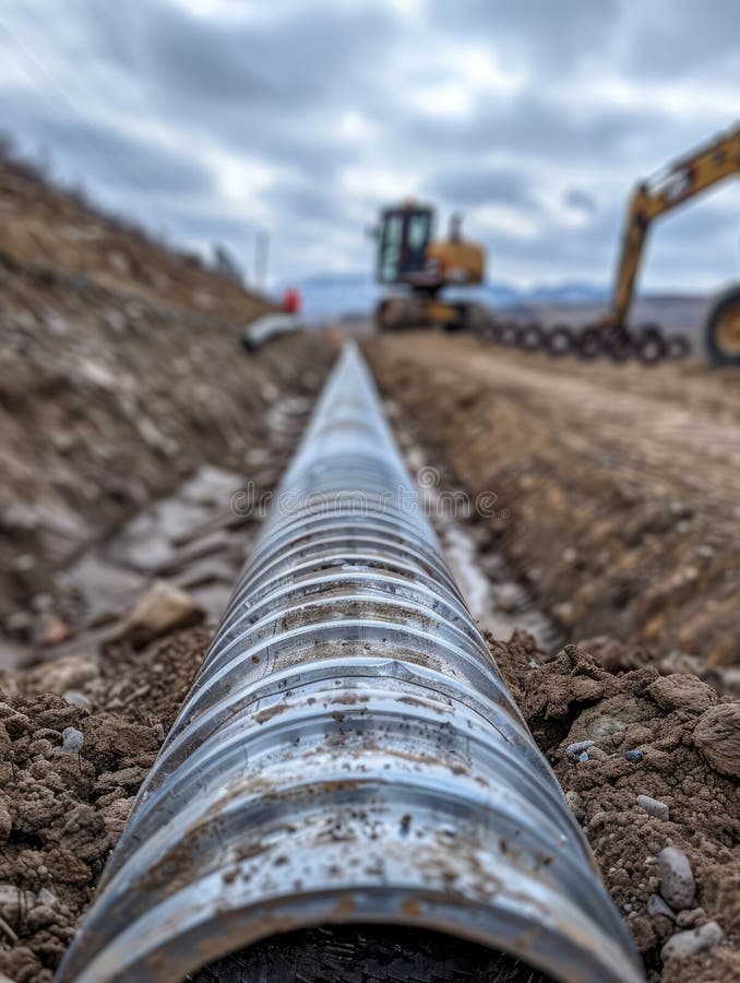 Large Pipeline Being Laid at a Construction Site with Heavy Machinery ...