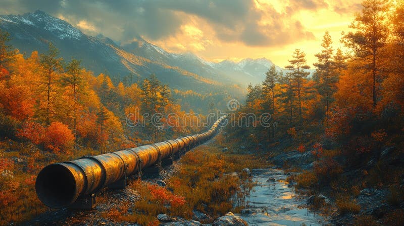 A Large Pipeline Runs through a Valley in the Mountains, with Fall ...