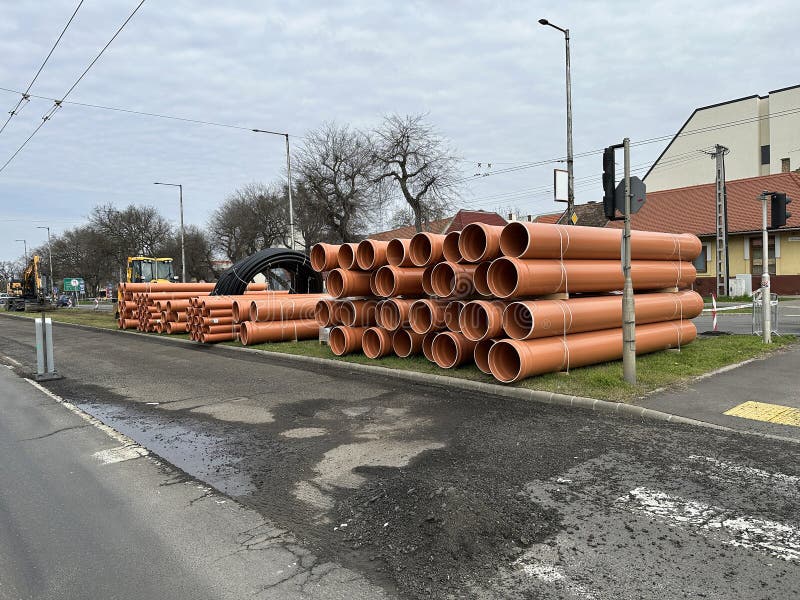 Large Pipes at the Road Construction Site Stock Image - Image of group ...