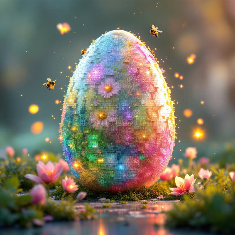 A Large, Pixelated Easter Egg Lying on a Bright Field of Wildflowers ...