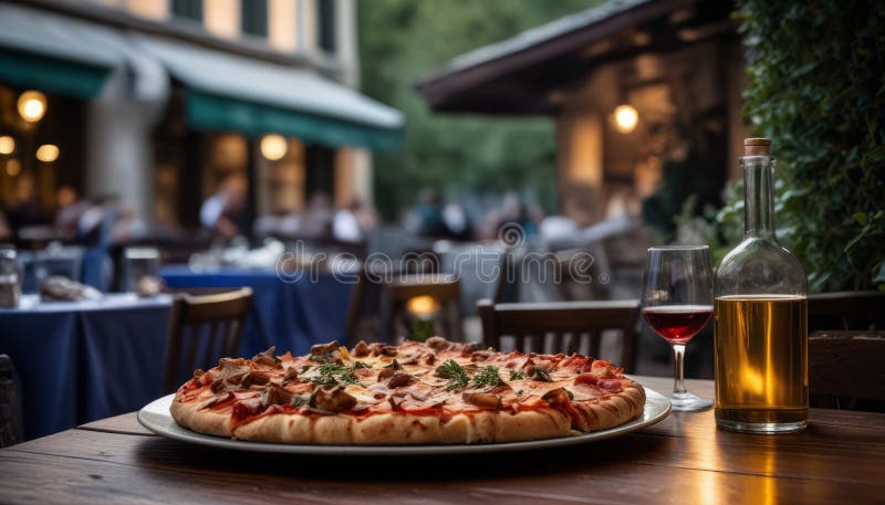 A Large Pizza is Sitting on a Table in Front of a Bottle of Wine Stock ...