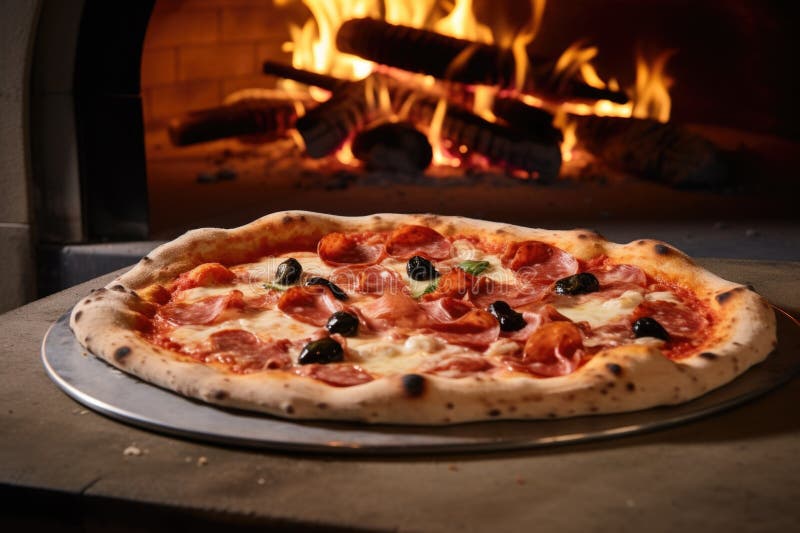 Large Pizza in a Wood-fired Oven Stock Image - Image of appetizing ...