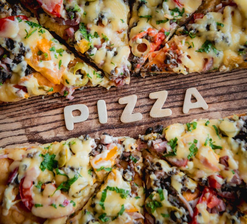 Large Pizza on a Wooden Table. Restaurant. Stock Image - Image of ...
