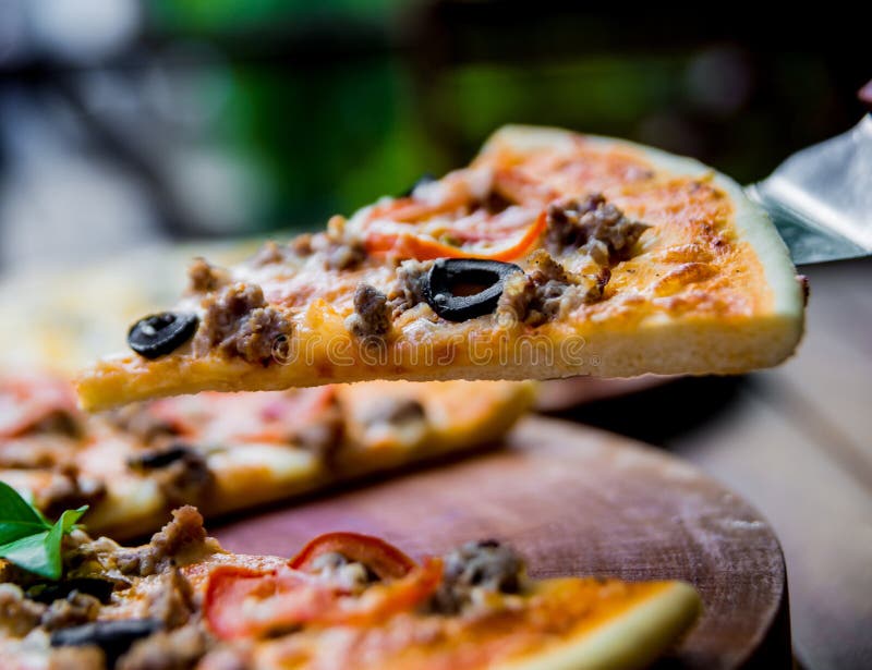Large Pizza on a Wooden Table. Restaurant. Stock Photo - Image of food ...
