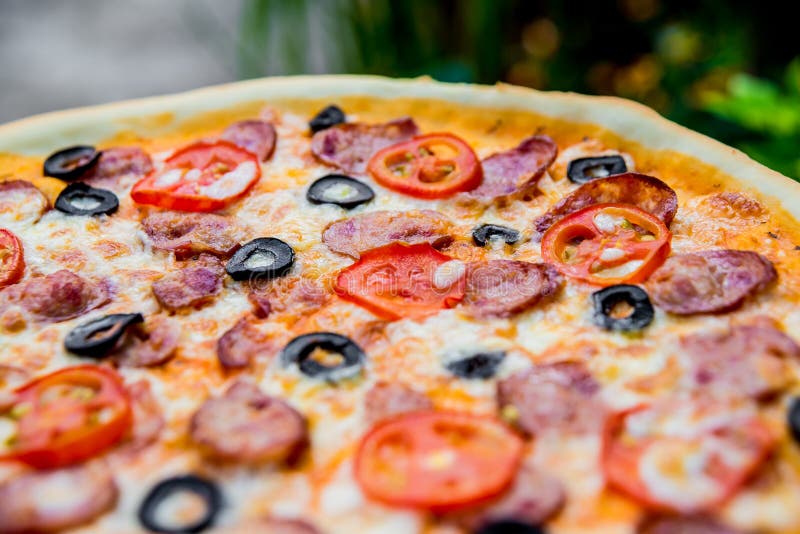 Large Pizza on a Wooden Table. Restaurant. Stock Photo - Image of fast ...