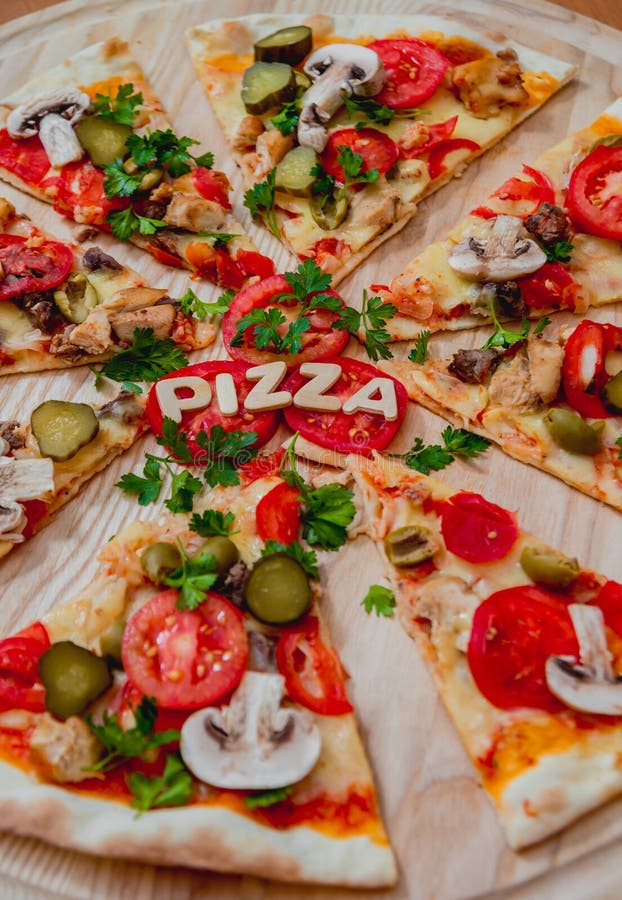 Large Pizza on a Wooden Table. Restaurant. Stock Photo - Image of baked ...