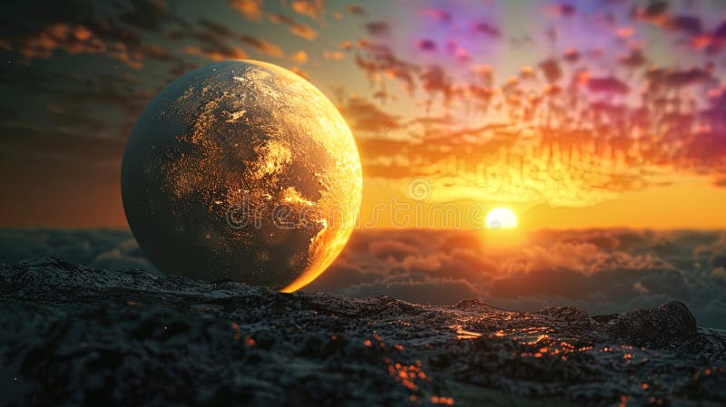 A Large Planet is Floating in the Sky Above a Rocky Surface Stock Photo ...