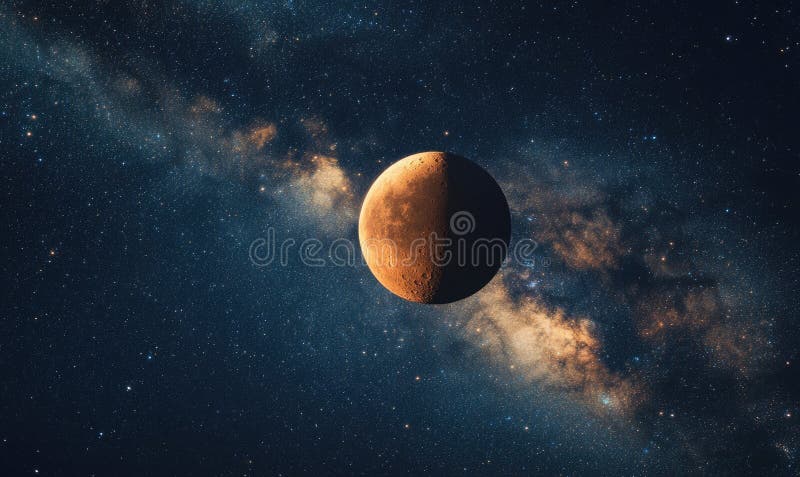 A Large Planet with a Moon is in the Middle of a Starry Sky Stock Image ...