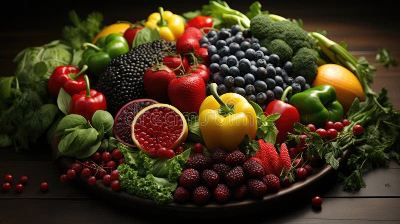 Large Plate of Assorted Fruits with Natural Eco Fruits, Vegetables and ...