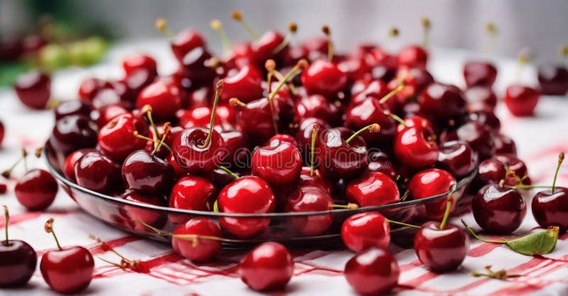 A Large Plate of Cherries on the Table, Fresh, Red, Top View, on a ...