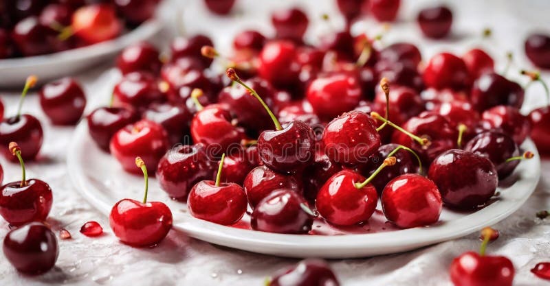 A Large Plate of Cherries on the Table, Fresh, Red, Top View, on a ...