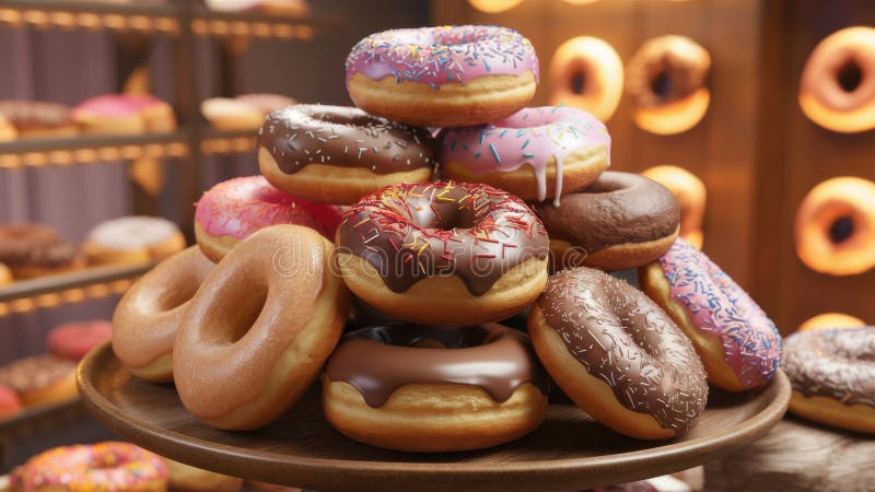 A Large Plate of Donuts on a Wooden Stand in Front of Many Different ...