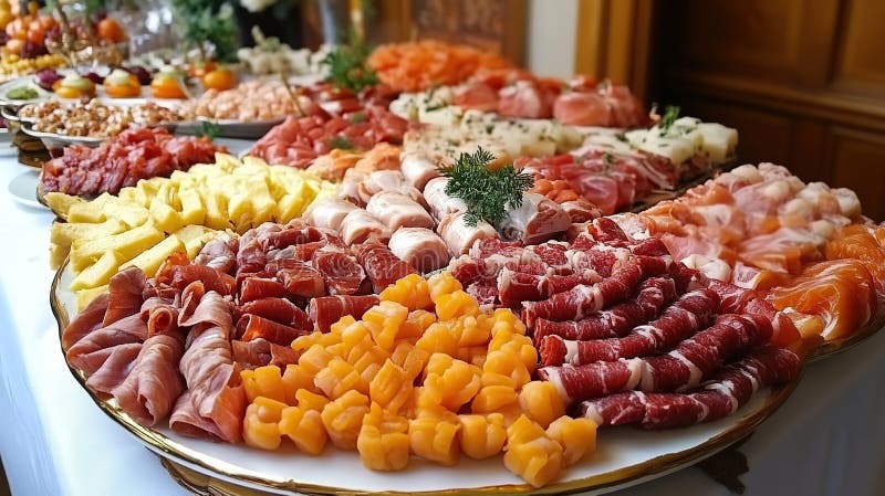 A Large Platter of Assorted Cured Meats, Cheeses, and Vegetables ...
